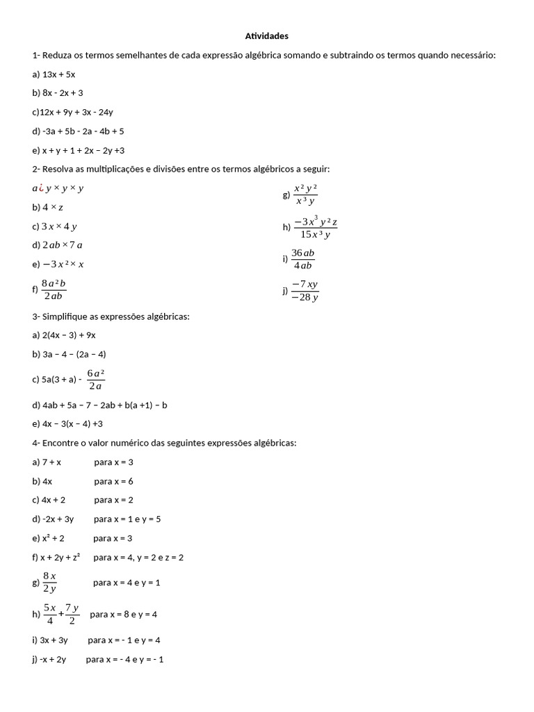 Atividades Expressões Algébricas e Valor Numérico de Expressões Algébricas | PDF