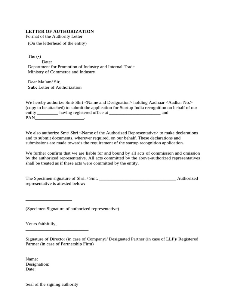 Letter of Authorization Format | PDF