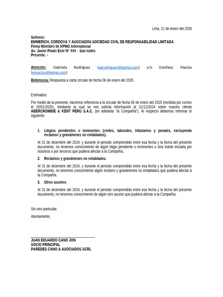 Carta Respuesta Circular-Abercrombie | PDF
