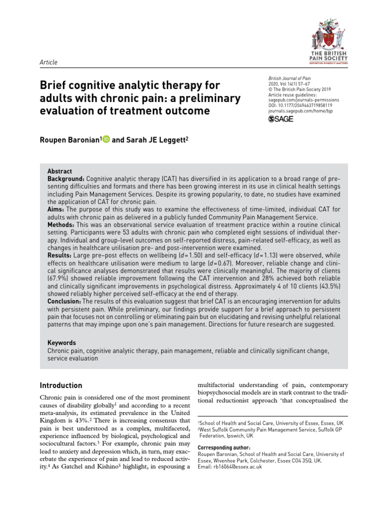2020 Brief Cognitive Analytic Therapy For Adults With Chronic Pain A ...