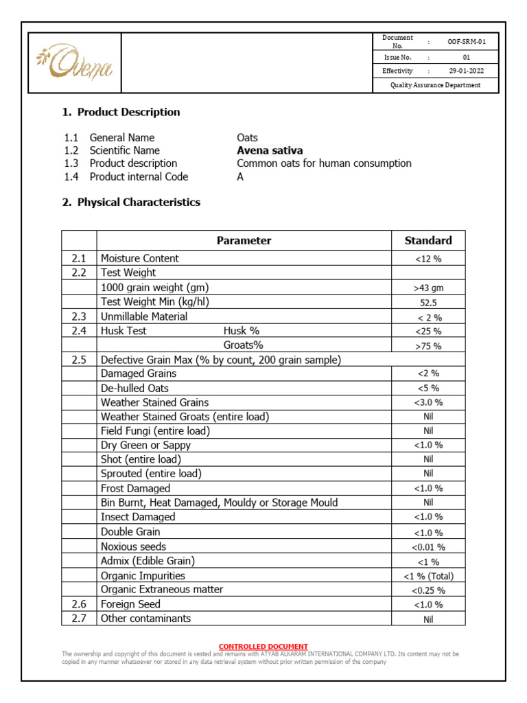 Specification - Raw Oats | PDF | Oat | Nutrition