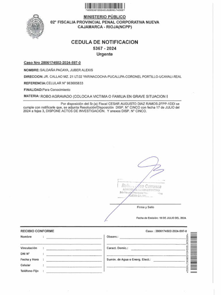CEDULA DE NOTIFICACIÓN N° 5367-2024. CASO 597-2024 | PDF