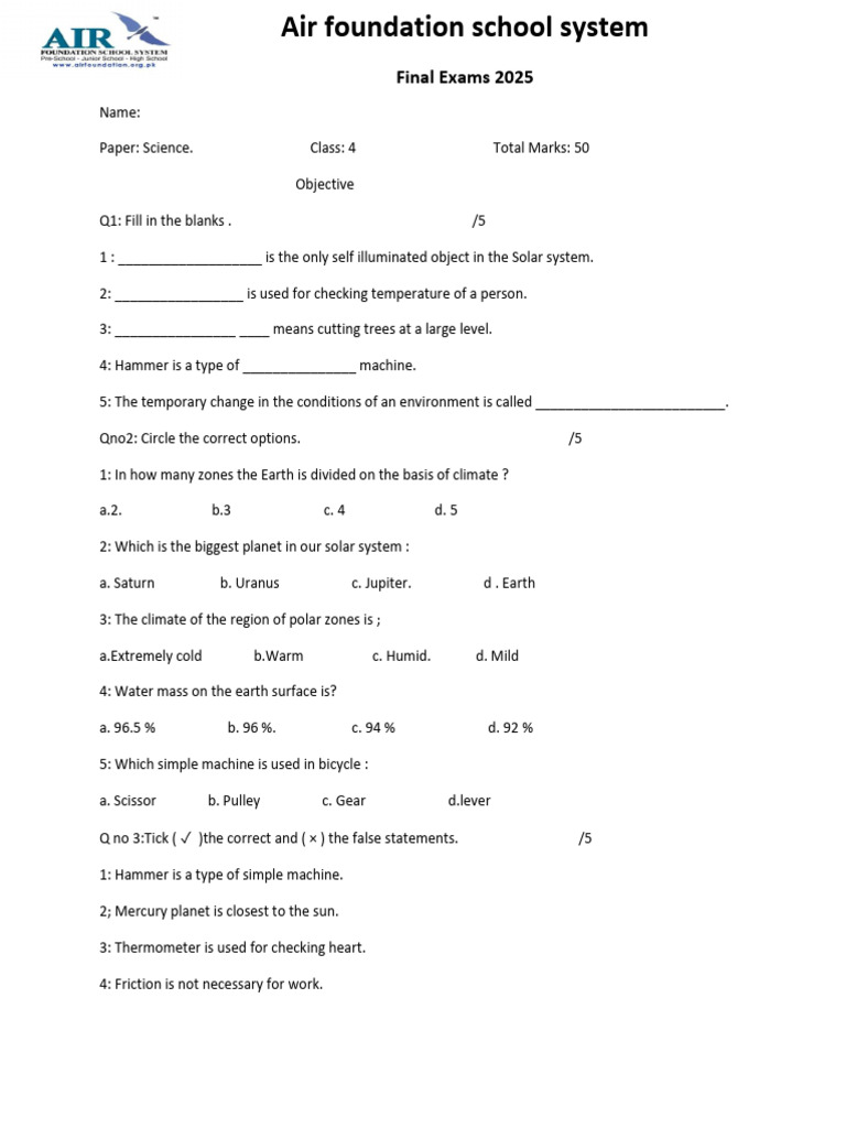 Final Exams Class 4 Science | PDF | Solar System | Planets