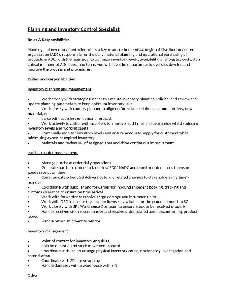 JD - Planning and Inventory Control Specialist | PDF | Inventory | Logistics