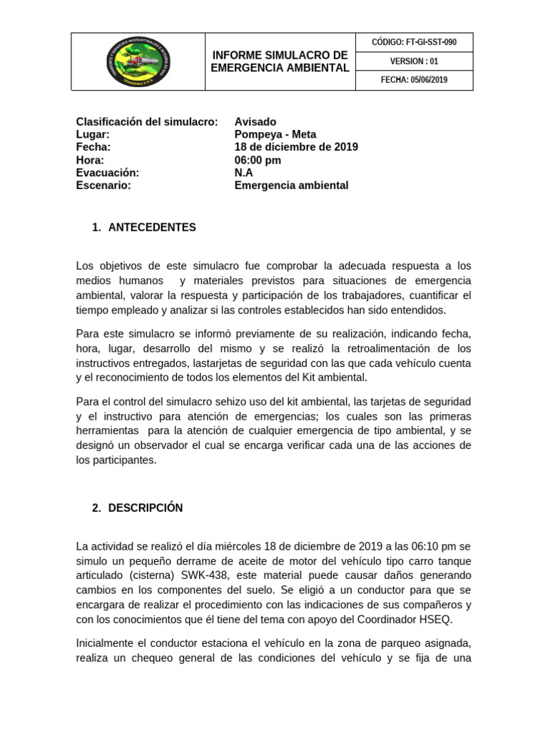 FT-GI-SST-090 V°1 Informe de Simulacro Ambiental | PDF | Simulación