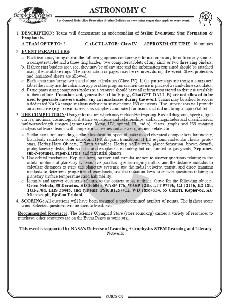 Science Olympiad Div C Astronomy Rules 2025 | PDF | Exoplanet | Stars