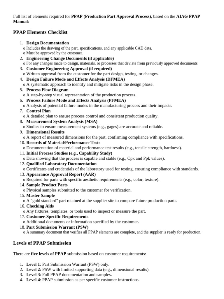 Essential PPAP Elements Checklist | PDF