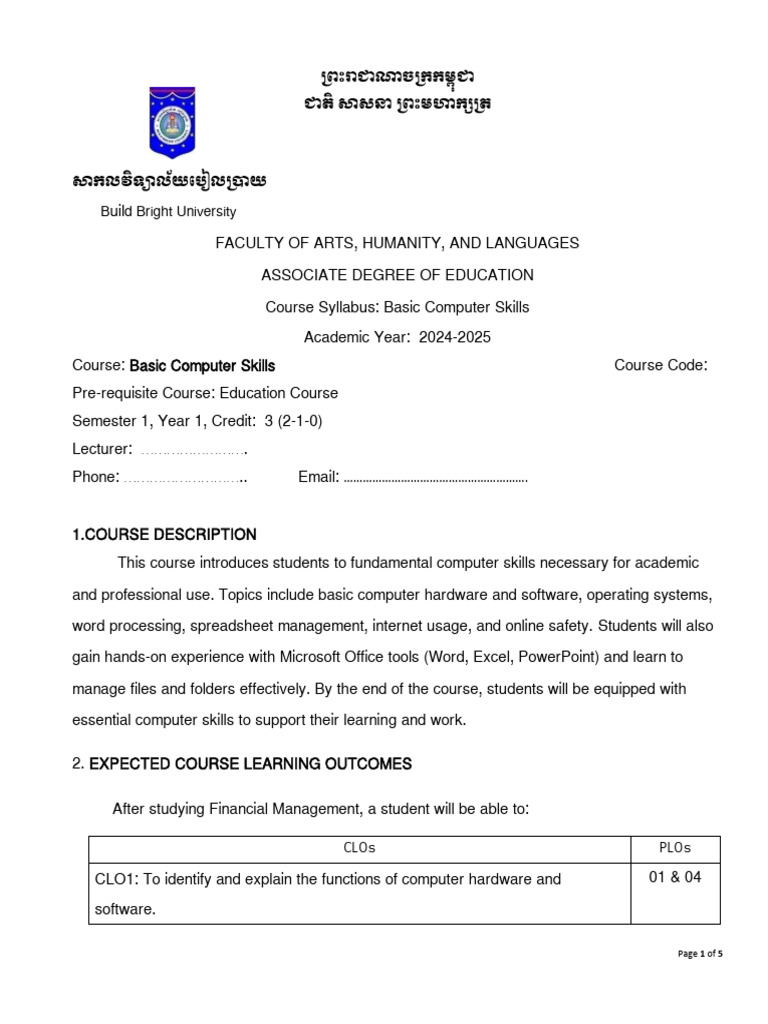 Course Syllabus Basic Computer Skills | PDF | Computer File | Microsoft Excel