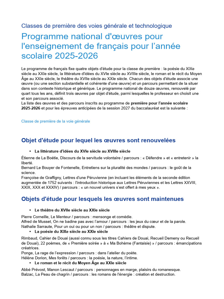Programme de Français 1ère 2025-2026 | PDF | Romans