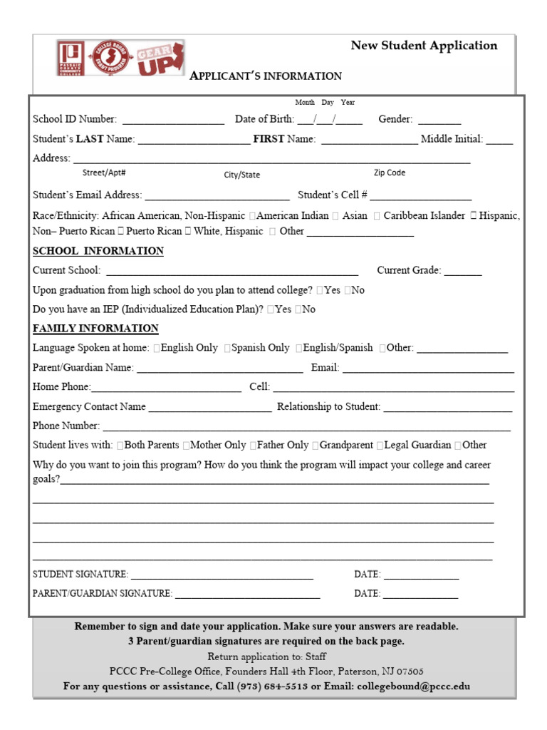 PCCC Pre-College Student Application Form | PDF | Race And Ethnicity In ...