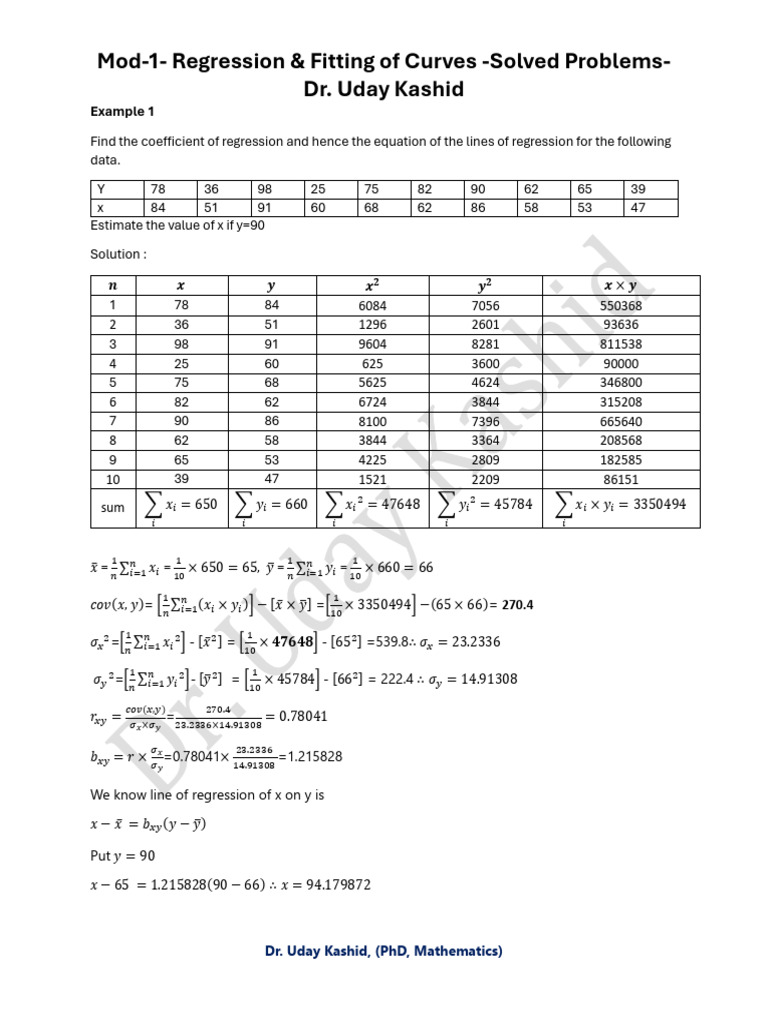 Mod-1 - Regression & Fitting of Curve - Solved Problems - Dr. Uday Kashid | PDF | Regression ...