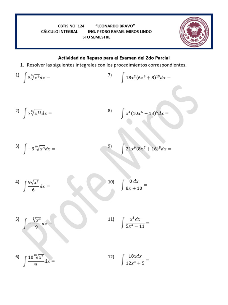Integrales: Repaso 5to Semestre CBTIS 124 | PDF