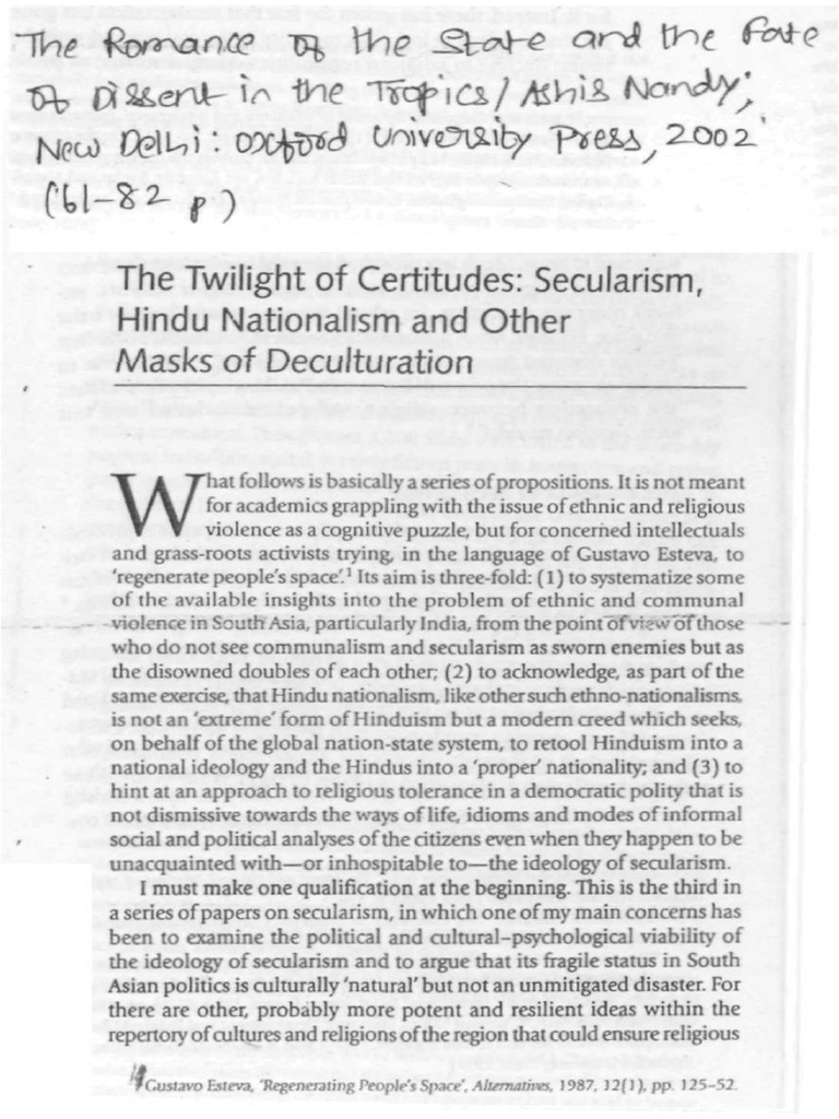 The Twilight of Certitudes Secularism Hi | PDF | Secularism | Ideologies