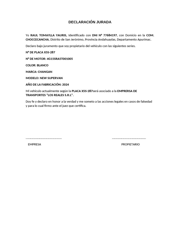 DECLARACIÓN JURADA VEHICULO | PDF