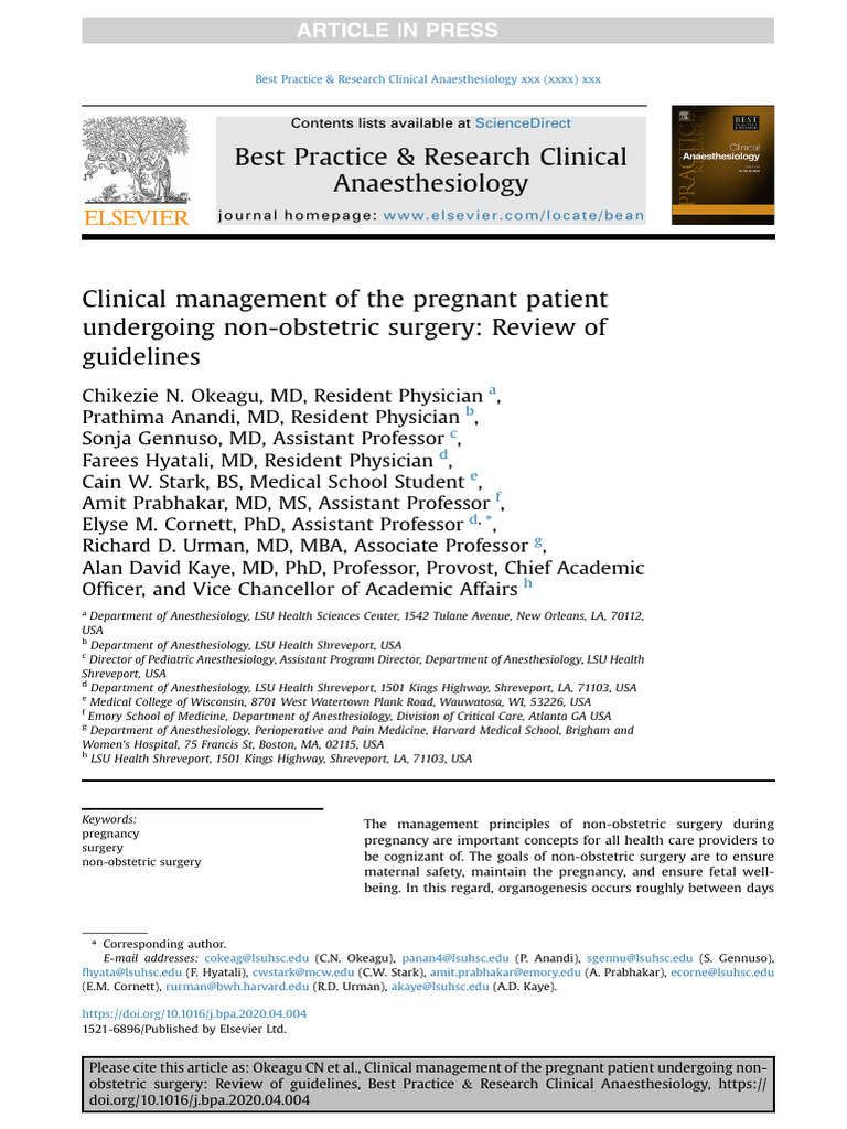 Clinical Management of The Pregnant Patient Undergoing Non-Obstetric ...