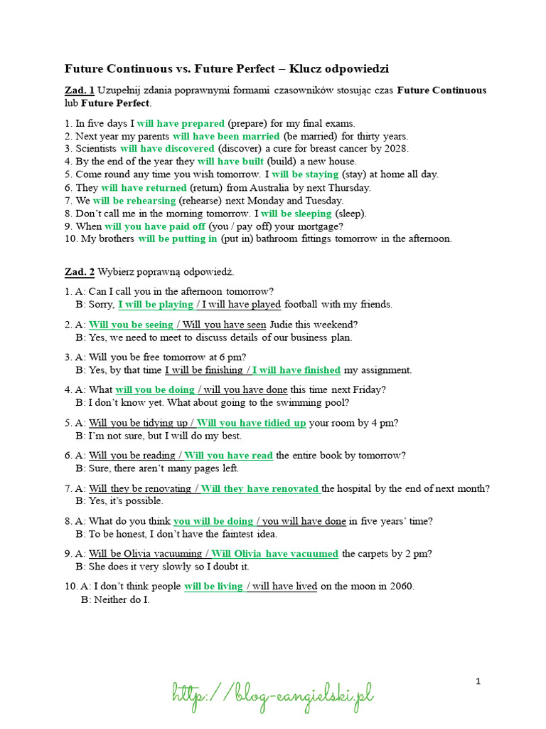 Future Continuous vs. Future Perfect - Klucz Odpowiedzi 1 | PDF