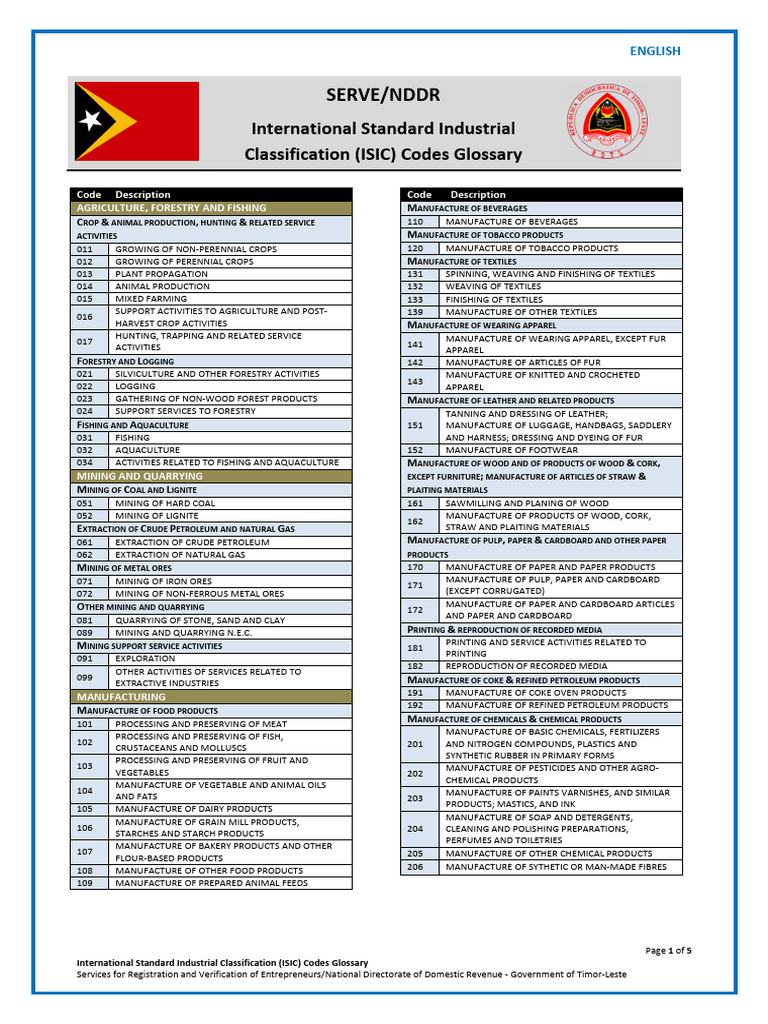 ISIC_Codes_Glossary-English | PDF | Transport | Paper