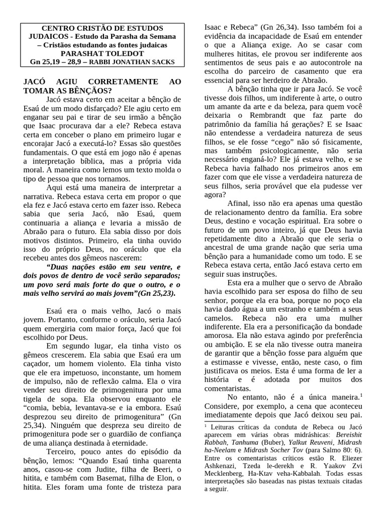 Parashat Toledot - Jacó e As Bênçãos - Rabbi Jonathan Sacks | PDF ...