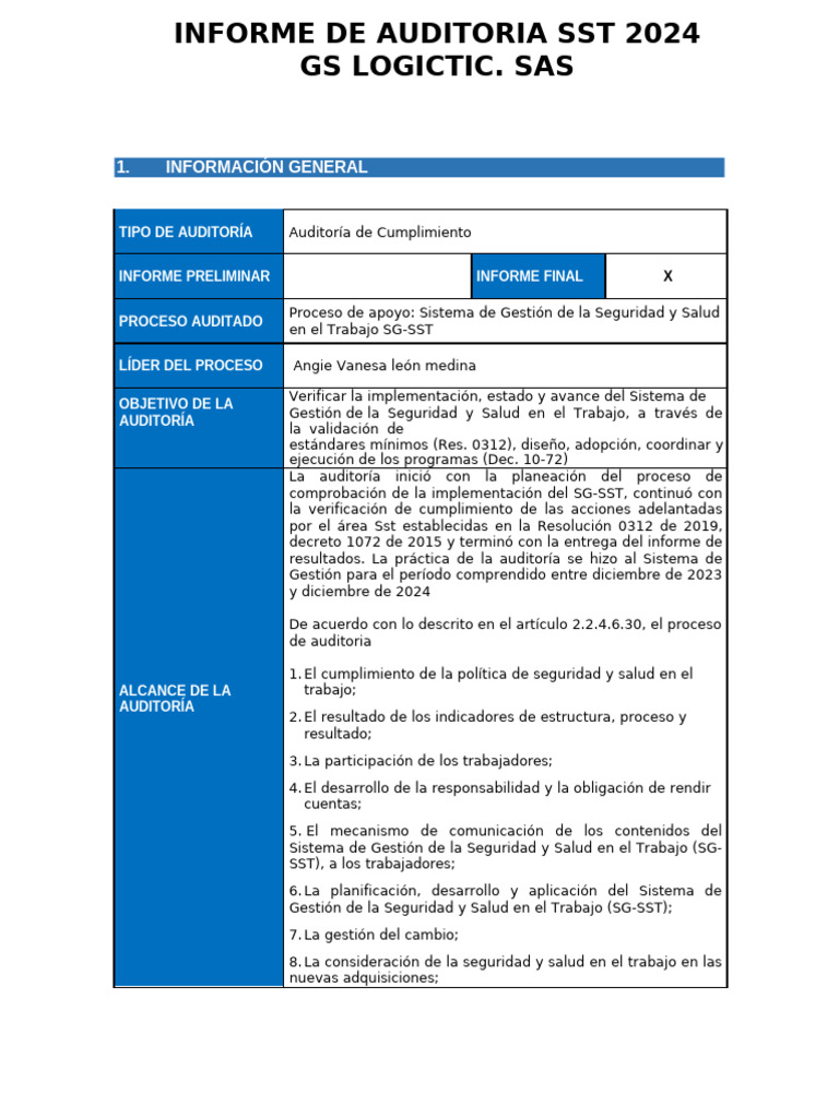 Informe Auditoria SGSST 2023 | PDF | Auditoría | Planificación