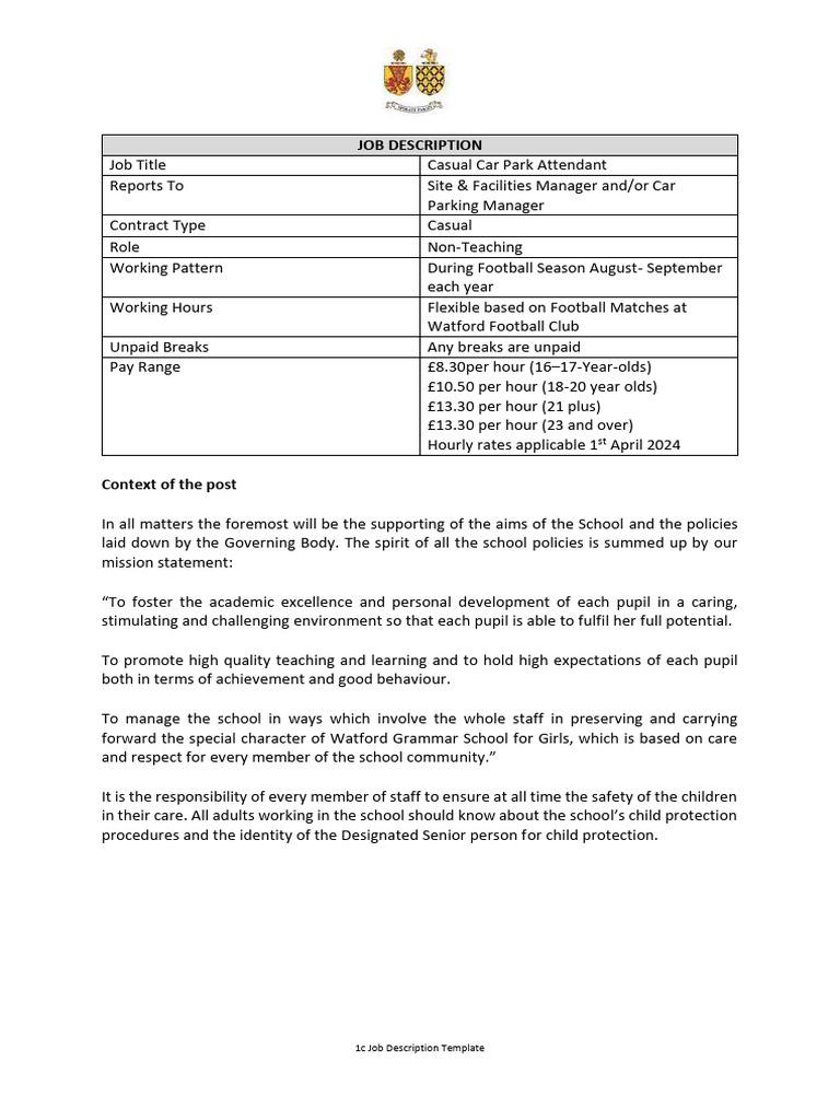 Job Description Casual Car Park Attendant (2023-2024) | PDF | Parking ...