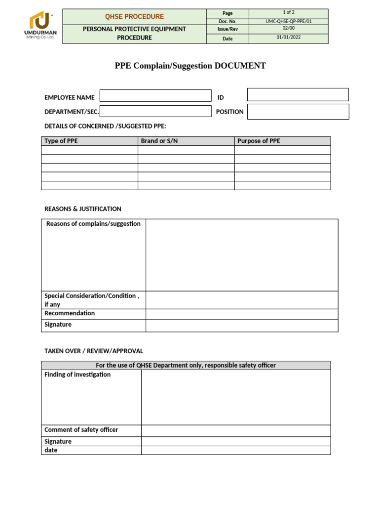 01 PPE Complin Form | PDF