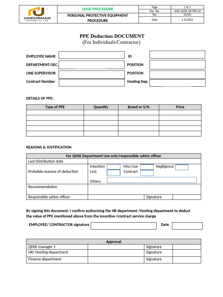 PPE Deduction Procedure Document | PDF