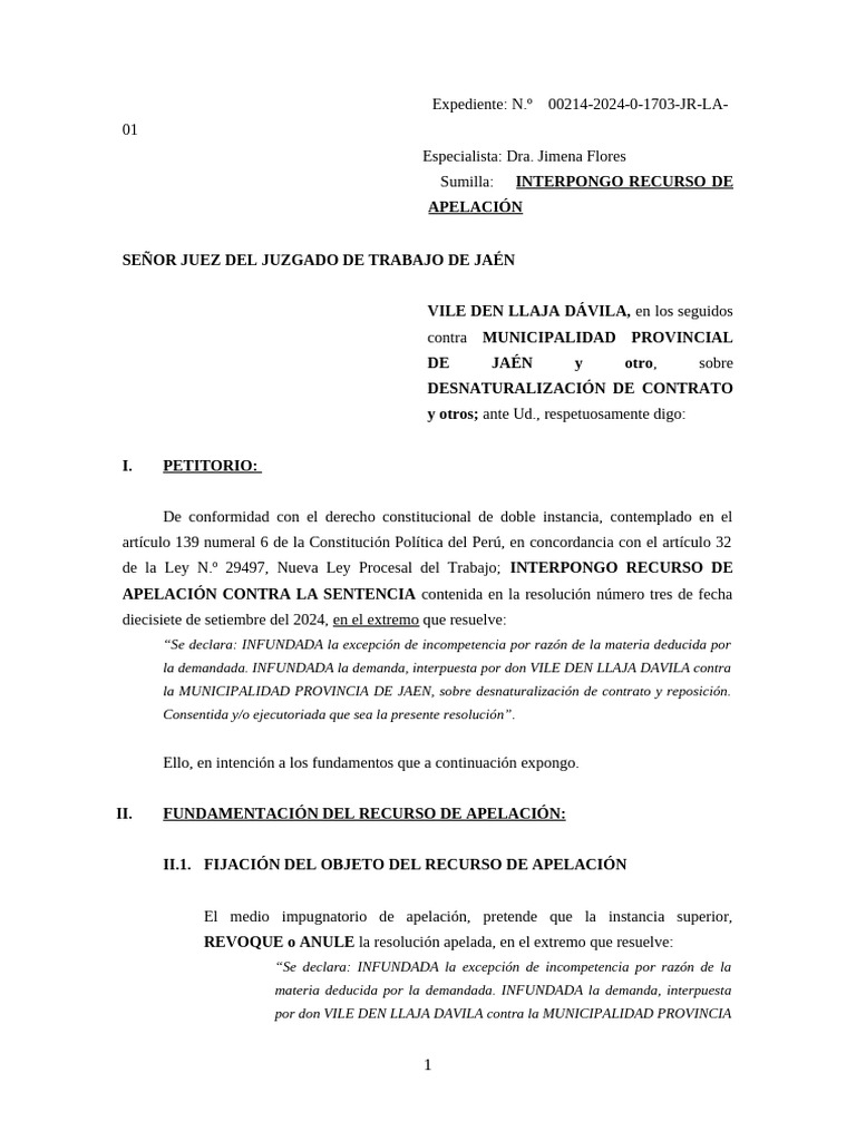Recurso de Apelación Vile Llaja | PDF | Derecho laboral | Demanda