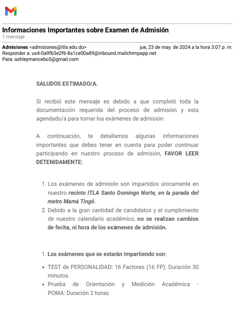 Gmail - Informaciones Importantes Sobre Examen de Admisión ? | PDF