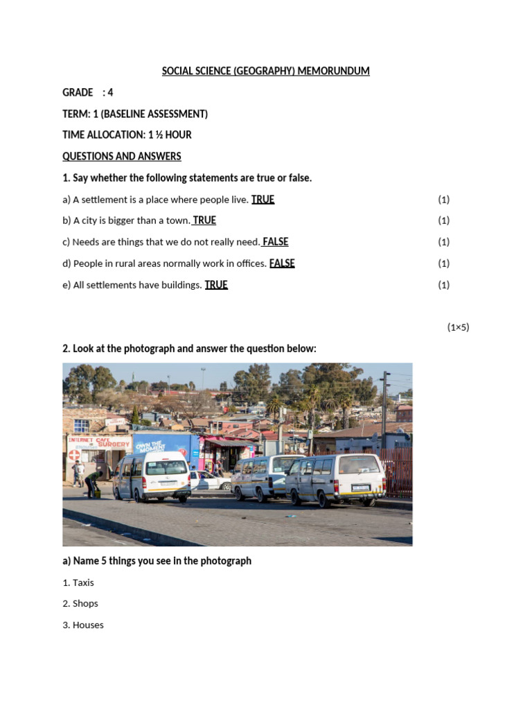 Grade 4 Geography Settlement Assessment | PDF