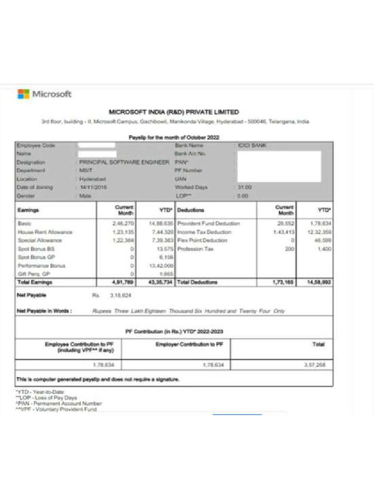 Microsoft Salary Slip | PDF