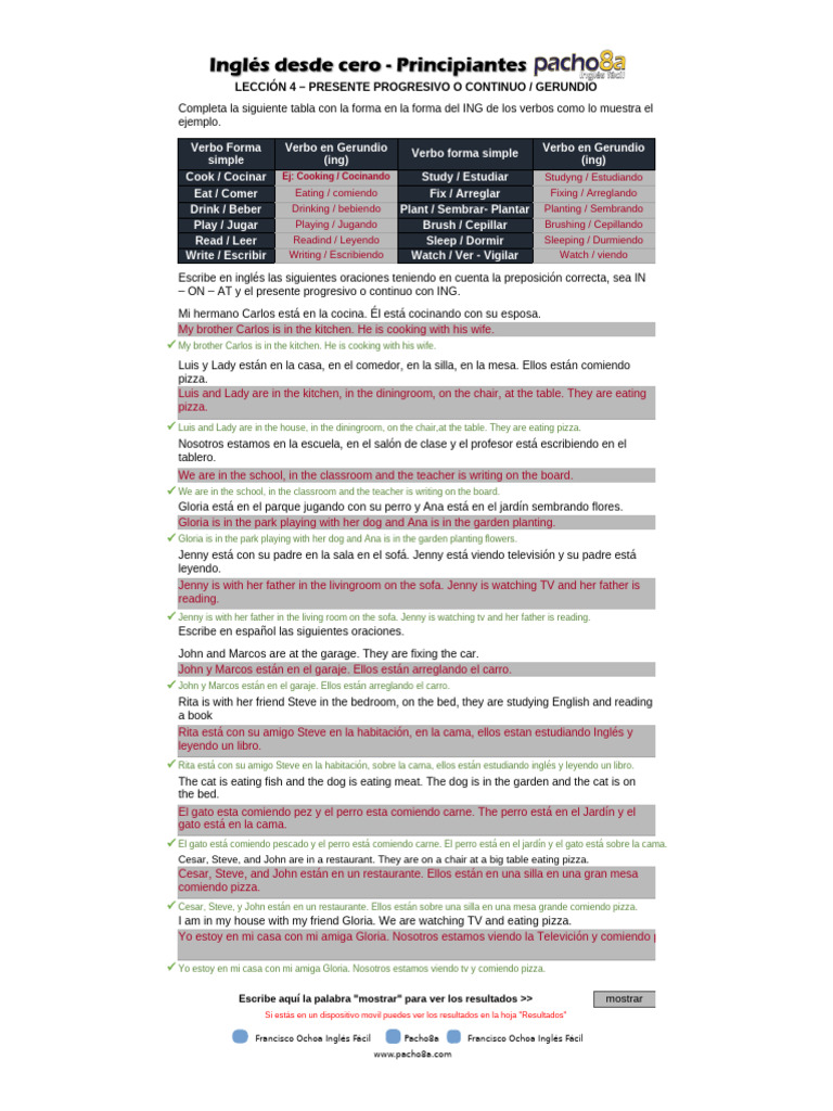 Lección 4 - Presente Progresivo o Continuo - Gerundio | PDF | Mecánica ...