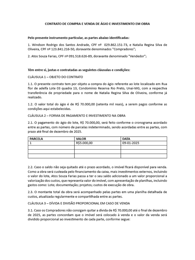 Contrato de Compra e Venda de Agio e Investimento em Obra Assinado | PDF