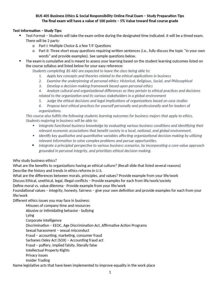 Business Ethics Final Exam Study Guide | PDF | Business Ethics | Sustainability