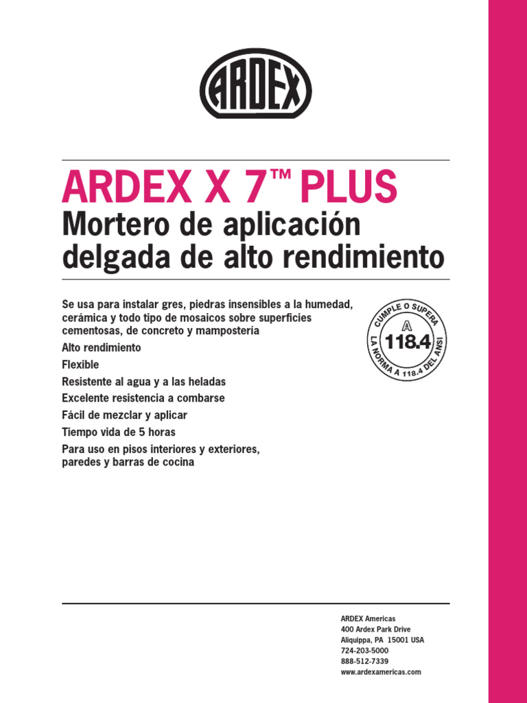 ARDEX X 7 PLUS Ficha Técnica | PDF | Mortero (Albañilería) | Materiales de construcción