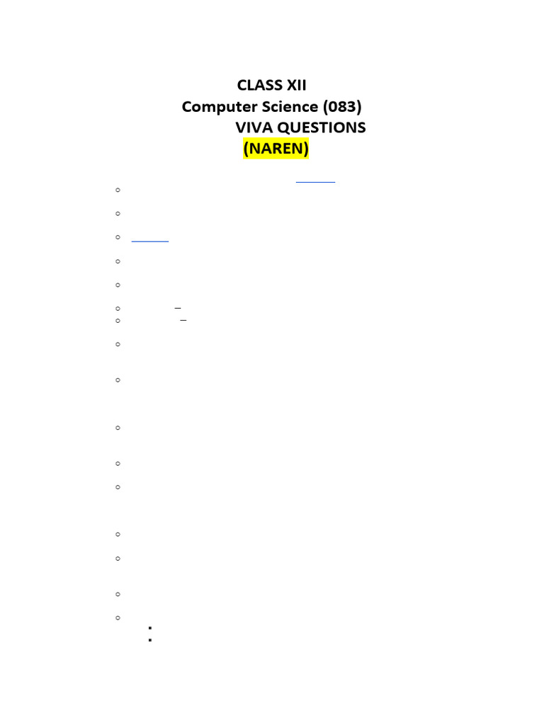 CLASS XII Computer Science Important VIVA Questions NAREN | PDF | Parameter (Computer ...