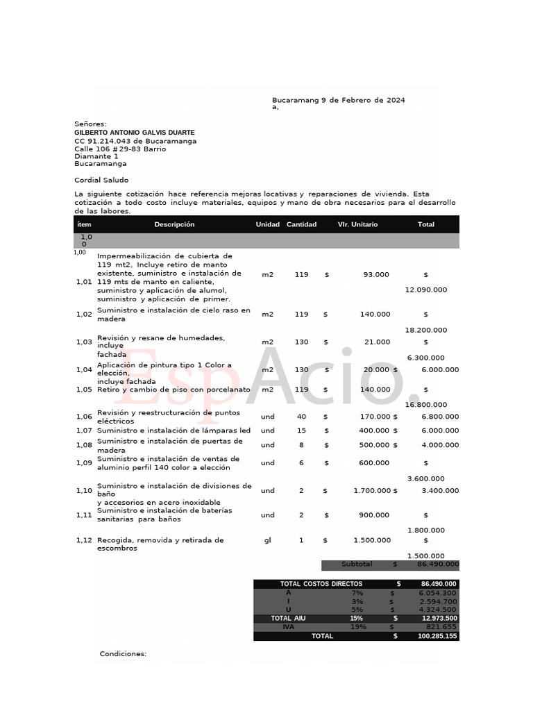Presupuesto Obra Civil | PDF | Ingeniería de Edificación