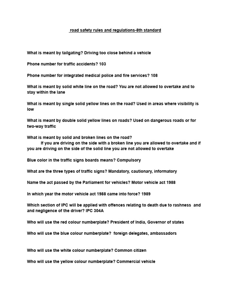 Road Safety Rules for 8th Standard | PDF | Traffic | Road Traffic Safety