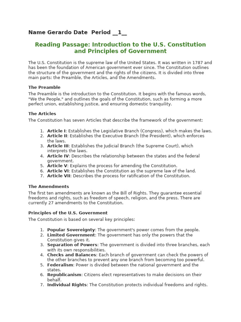 Constitution Intro Reading and WS | PDF | Constitution | Separation Of ...