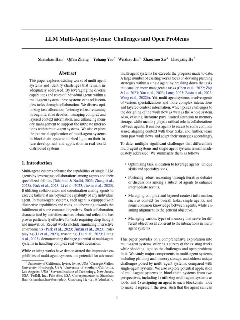 LLM Multi-Agent Systems Challenges and Open Problems | PDF | Game ...