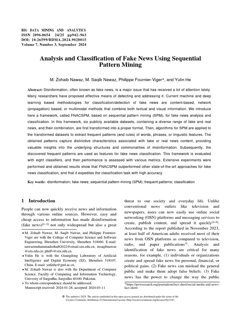 Analysis and Classification of Fake News Using Sequential Pattern Mining | PDF | Machine ...
