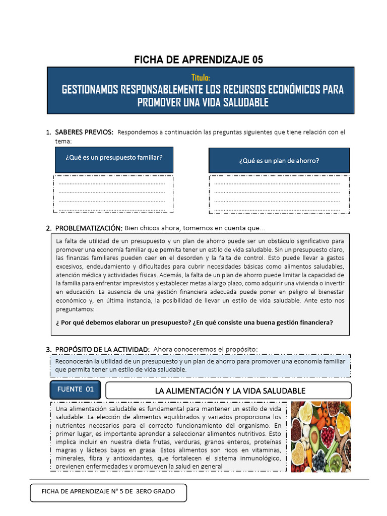 5 FICHA DE APRENDIZAJE CCSS 3° GRADO | PDF | Presupuesto | Alimentos