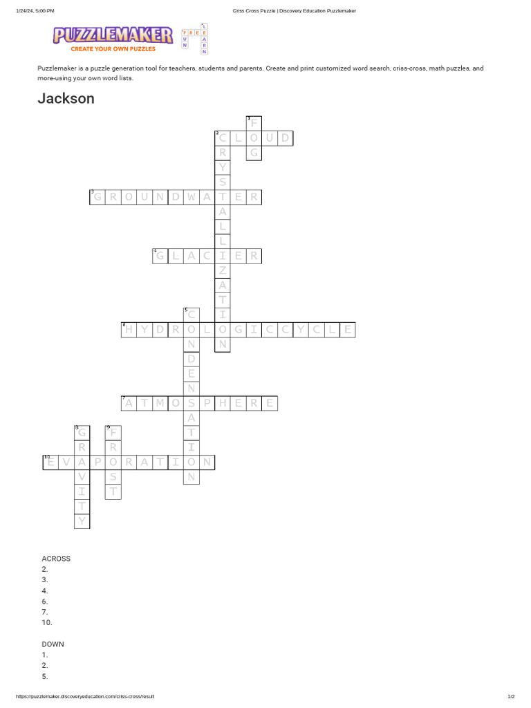 Criss Cross Puzzle _ Discovery Education Puzzlemaker | PDF