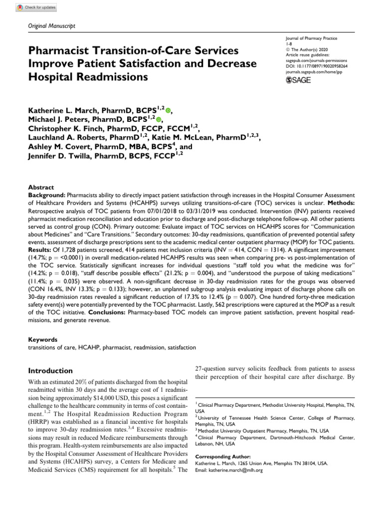 Pharmacist TOC Boosts Satisfaction, Cuts Readmissions | PDF | Pharmacy | Patient