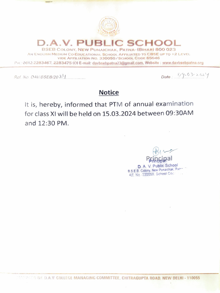 Notice For PTM of Annual Exam. (Class XI) | PDF