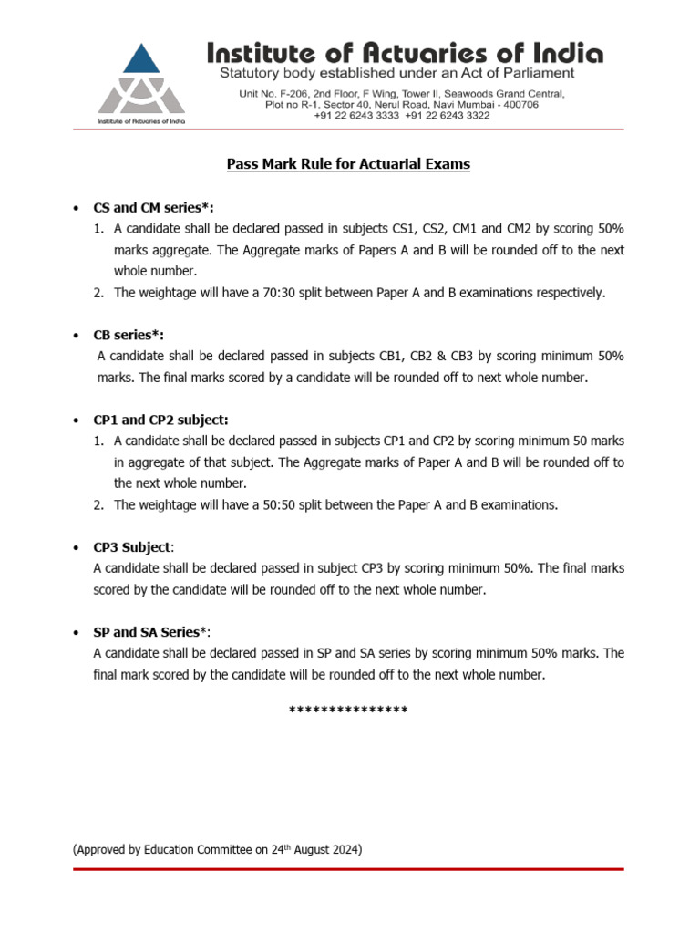 Actuarial Exam Pass Mark Guidelines | PDF