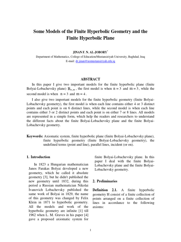 Some Models of The Finite Hyperbolic Geo | PDF | Hyperbolic Geometry ...