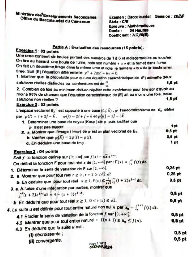Maths Bac (C-E) 2024 Cameroun | PDF