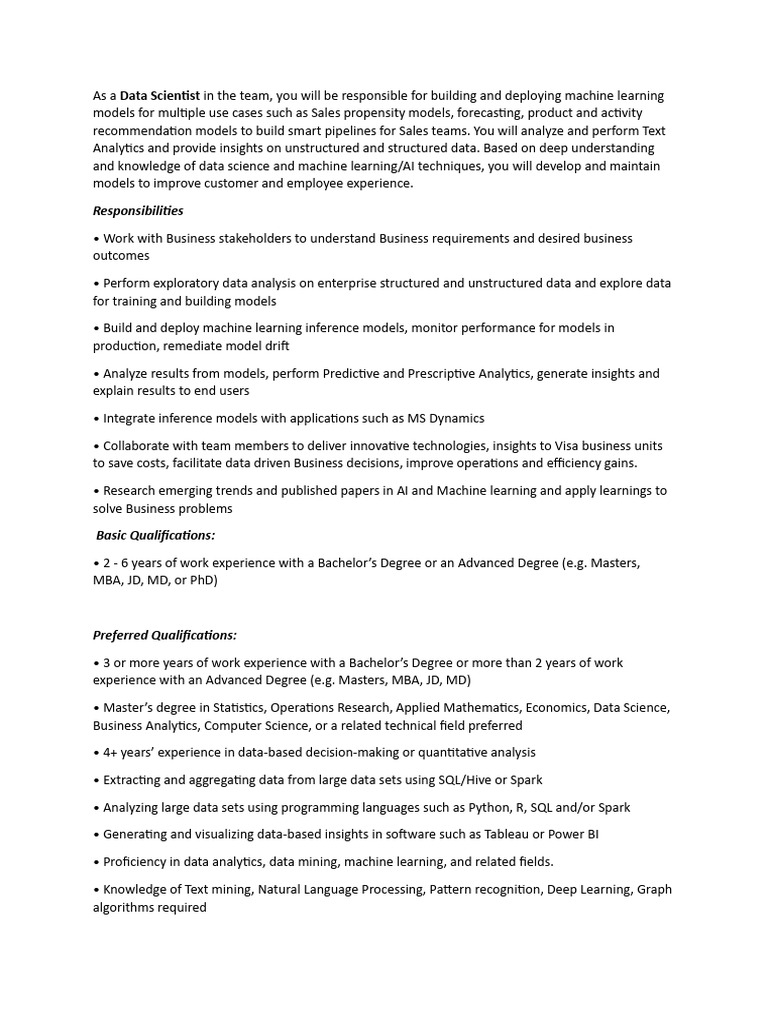 Data Scientist _ Visa | PDF | Data Science | Analytics