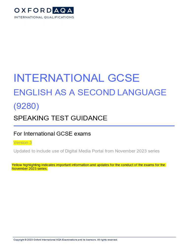 Oxfordaqa Gcse Esl Speaking Test Guidance From Nov 2023 | PDF | Question