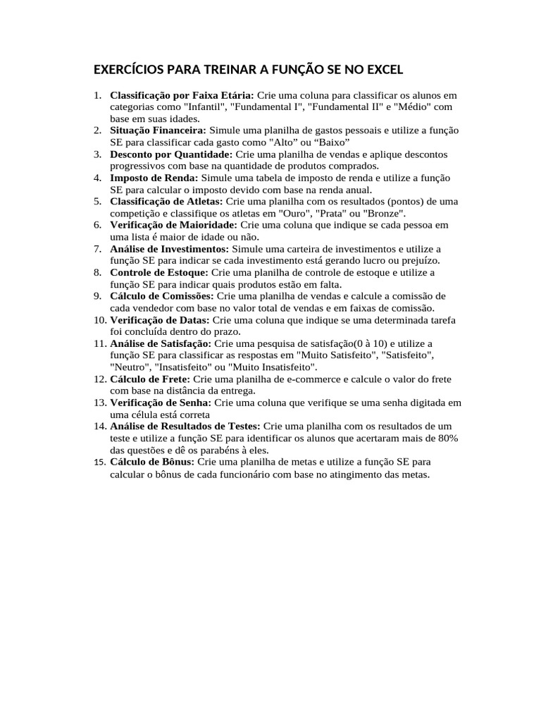 Exercícios de Função SE no Excel | PDF